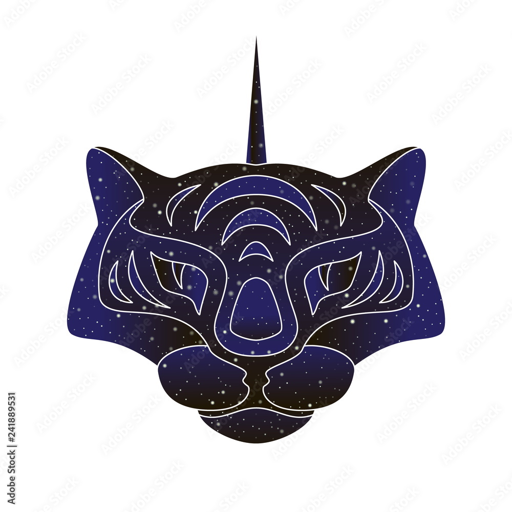 Cat unicorn head line illustration. Vector outline caticorn animal ...