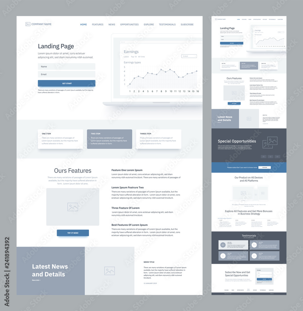 One page website design template for business. Landing page wireframe ...
