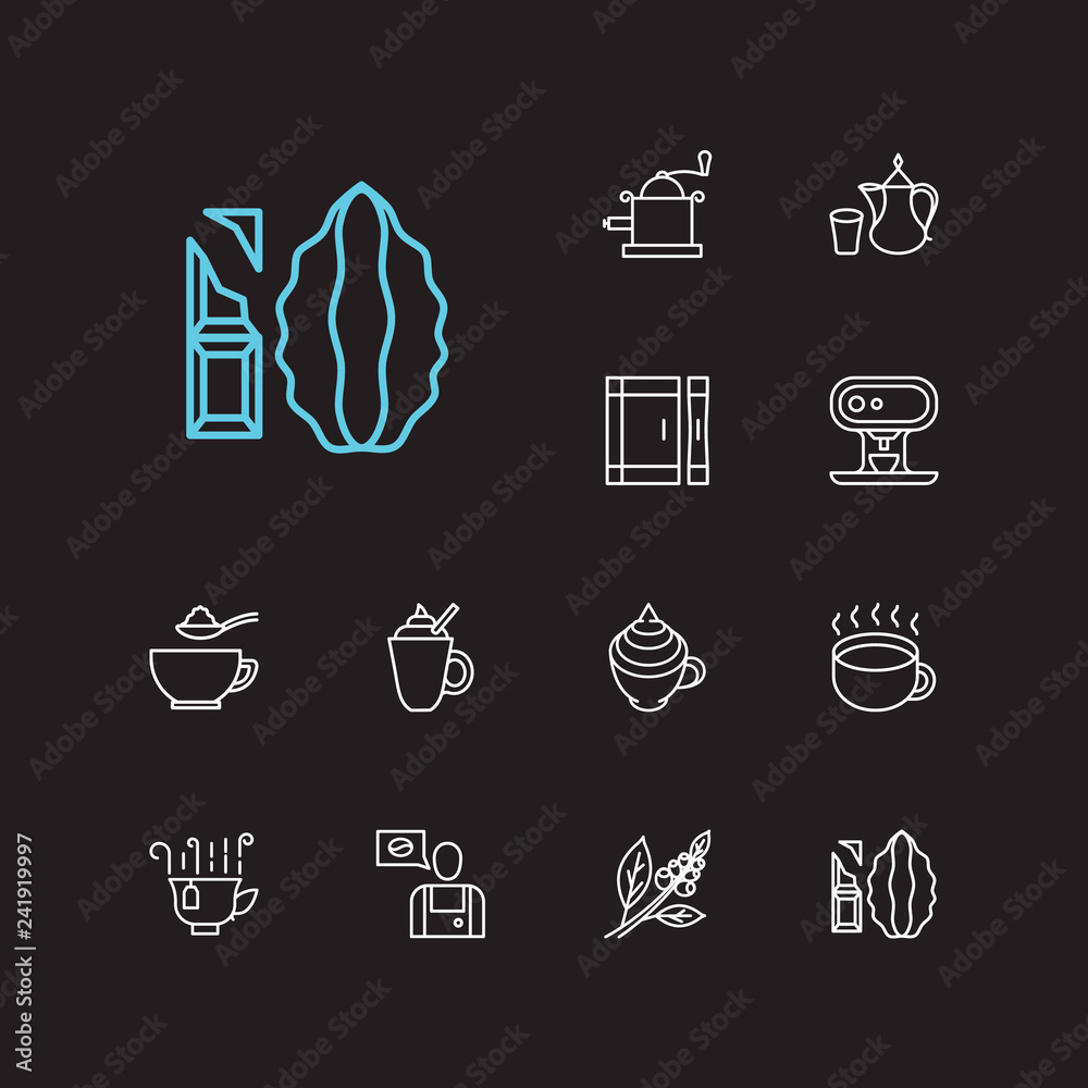 Tea icons set. Hand coffee grinder and tea icons with automat, coffee ...