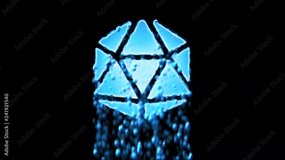 Liquid symbol dice d20 appears with water droplets. Then dissolves with ...