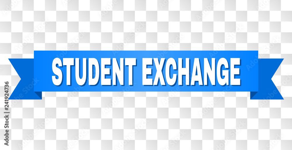 STUDENT EXCHANGE text on a ribbon. Designed with white title and blue ...