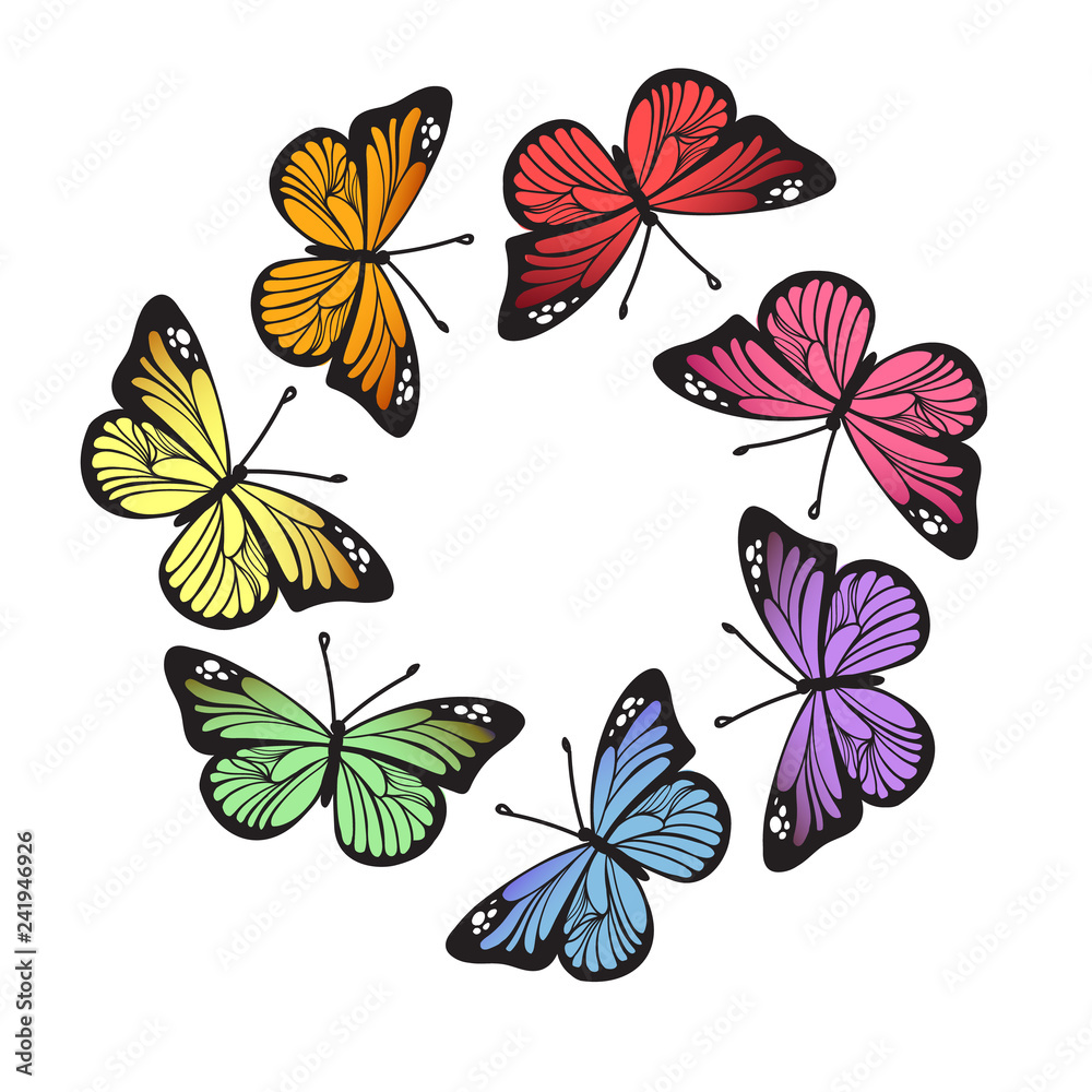 Rainbow butterflies wreath isolated on white background. Circle frame ...