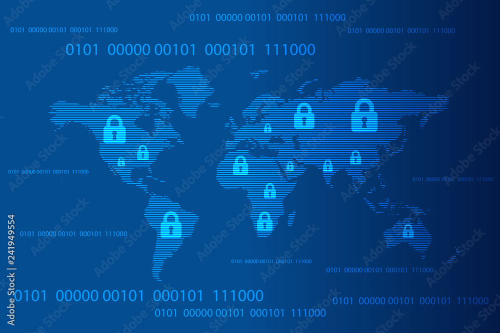 World map with closed pad lock and binary code background, Cyber ...