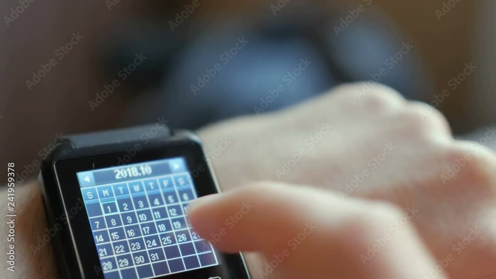 Man Using Calendar App Smart Watch to Check Schedule. Close up ...