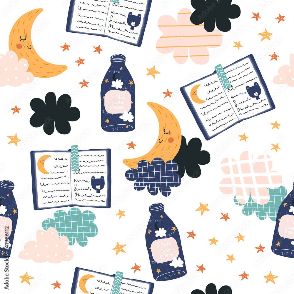 Seamless pattern with hand drawn bedtime elements. Cute kids print ...