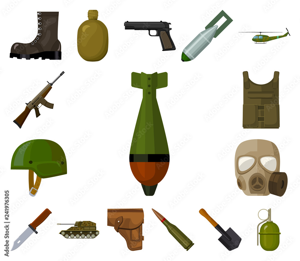 Army and armament cartoon icons in set collection for design. Weapons ...