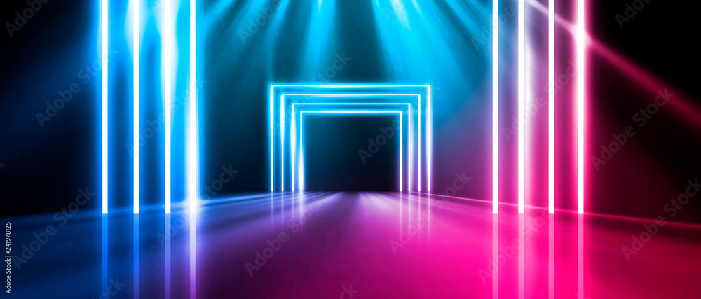 Abstract arch, neon light, rays. Abstraction of a blue background with ...