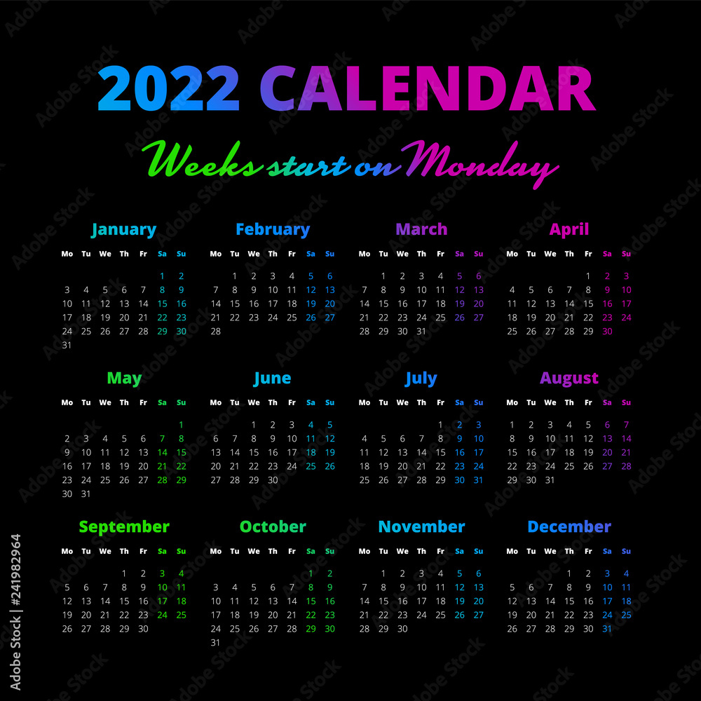 Simple 2022 year calendar, weeks start on Monday Stock Vector | Adobe Stock
