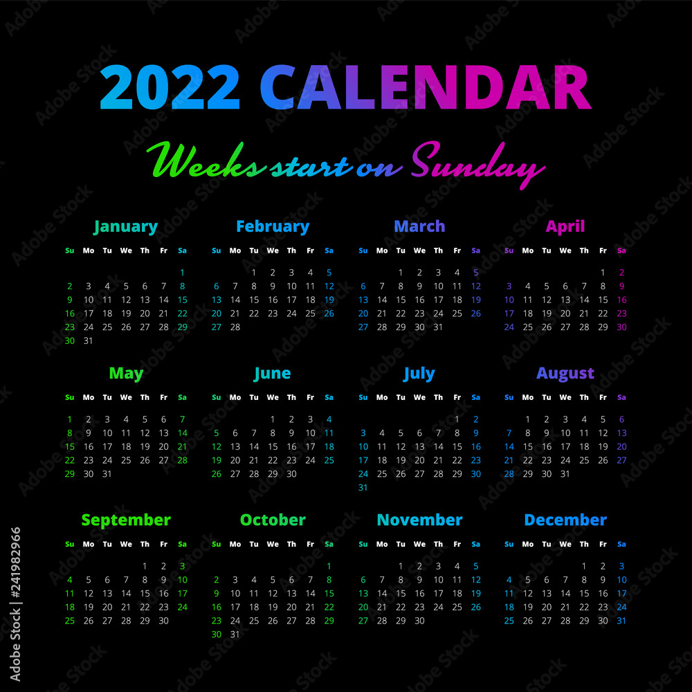 Simple 2022 year calendar, weeks start on Sunday Stock Vector | Adobe Stock
