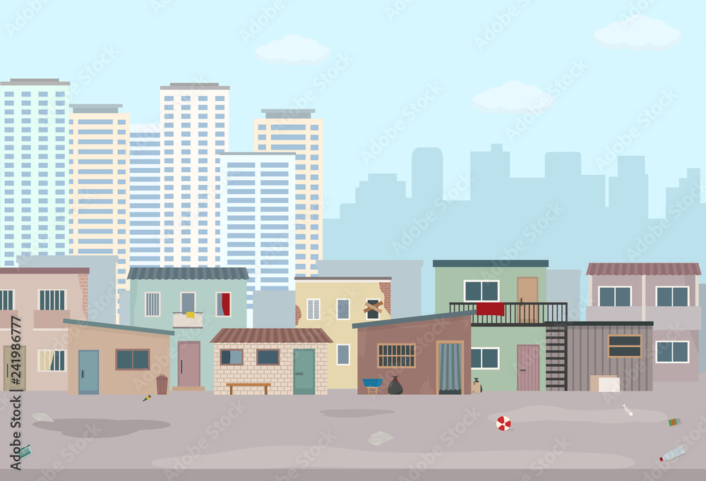 Old ruined houses and modern city. Contrast of modern buildings and ...