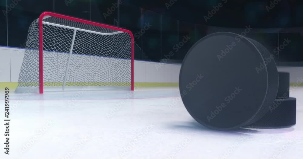 goal gate with hockey stick revelation zoom in and camera flash behind ...