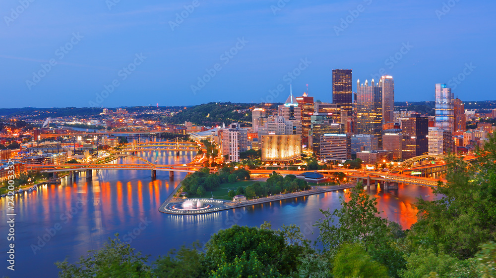 Pittsburgh Skyline Showing Downtown After Sunset Viewing From Grandview ...
