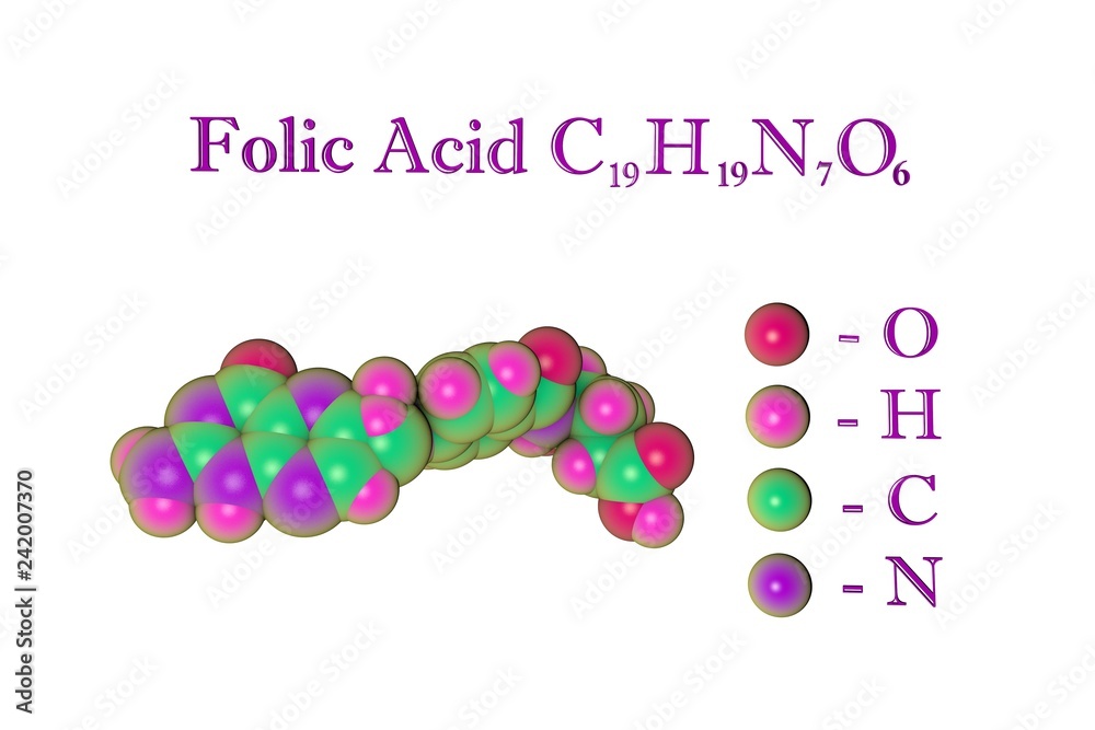Molecular model of folic acid. Atoms are represented as spheres with ...