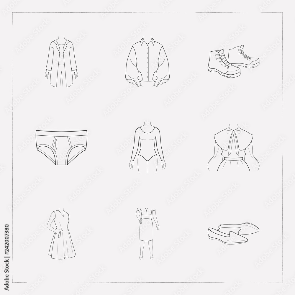 Set of clothing icons line style symbols with sleeveless dress, puritan ...