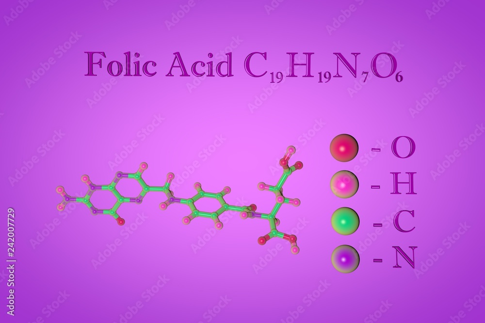 Molecular model of folic acid. Atoms are represented as spheres with ...