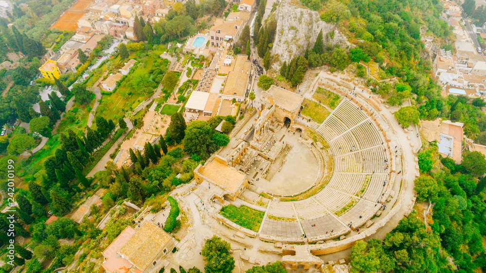 Aerial view of ancient Greek amphitheater in Taormina,Siciliy,Italy ...