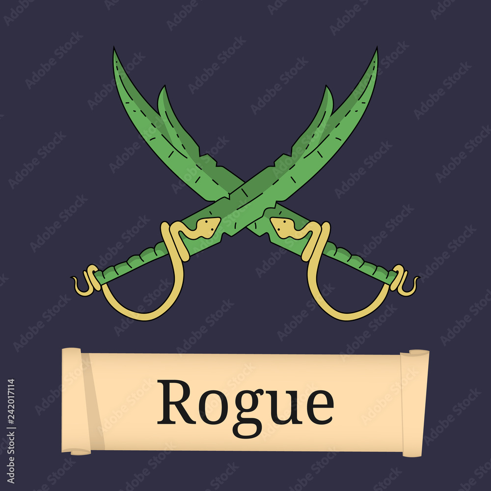 Rogue Class. Attributes of rogue isolated on grey background. Select ...