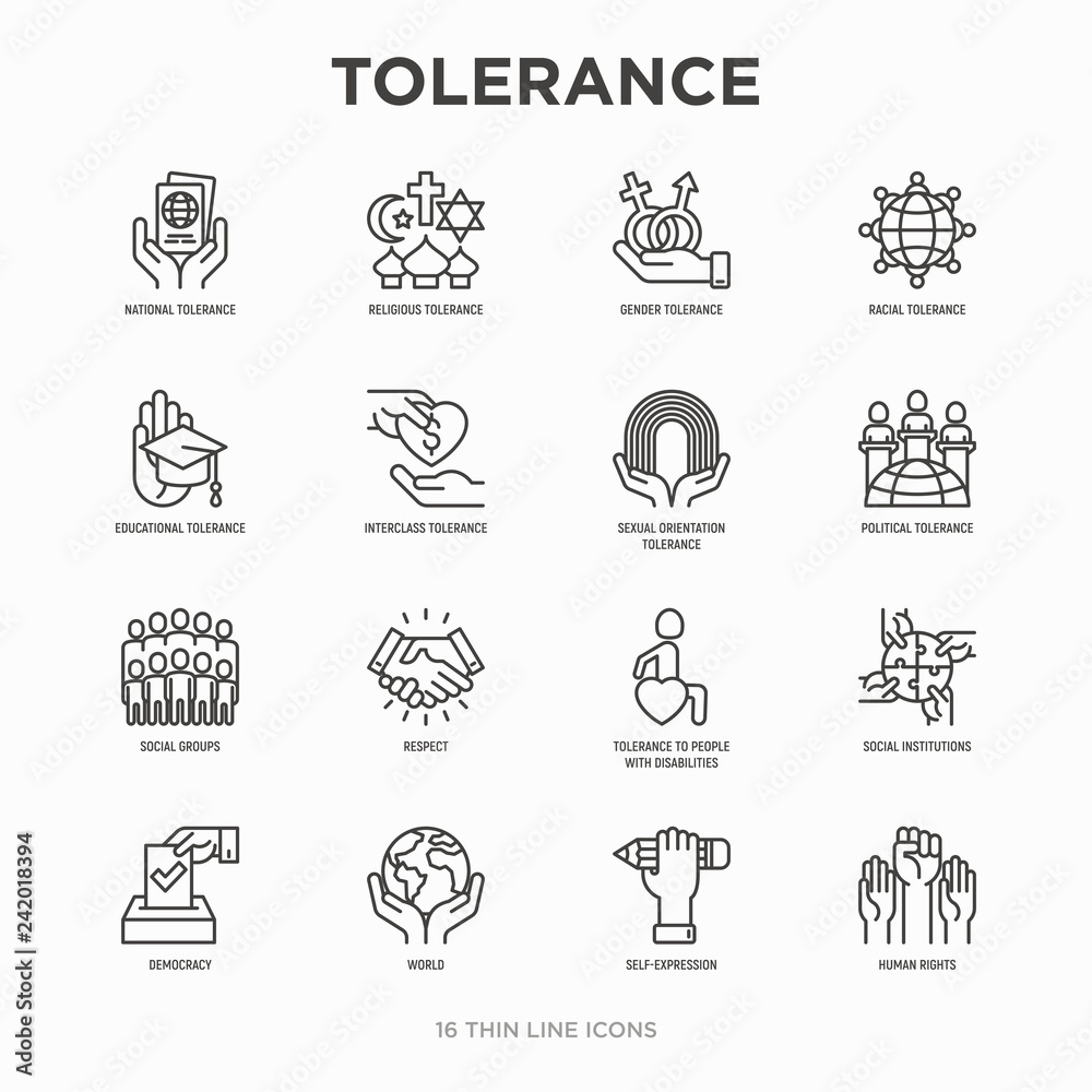 Tolerance thin line icons set: gender, racial, national, religious ...