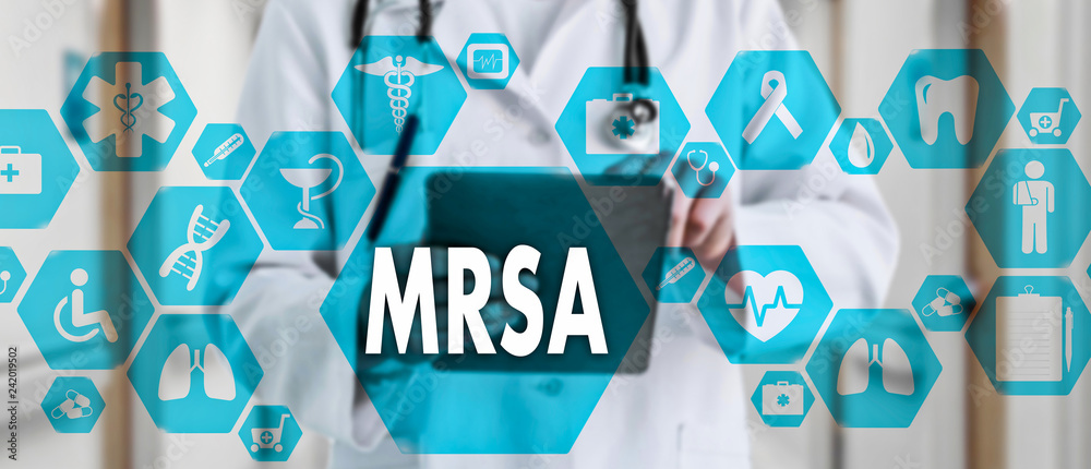 Medical Doctor with stethoscope and word MRSA ,Methicillin-Resistant ...