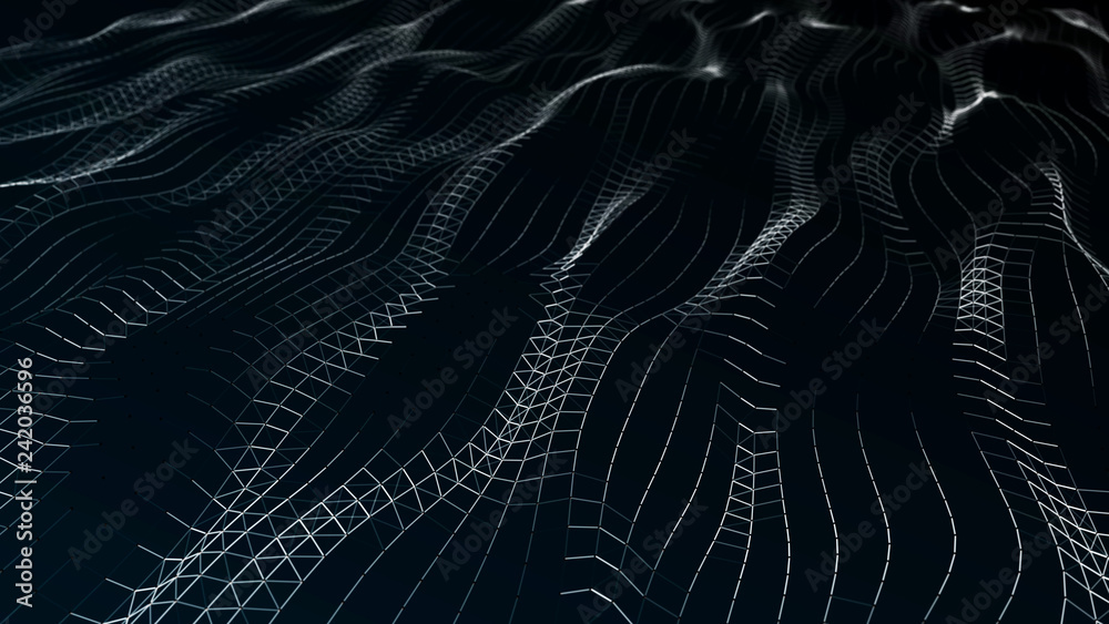 Digital data visualization. cybernetic particles. Low poly mesh. Flow ...