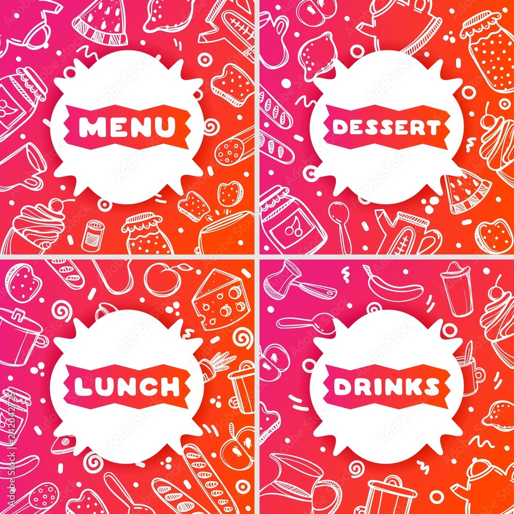 Set of 4 cute hand drawn poster menu for cafe on food background ...