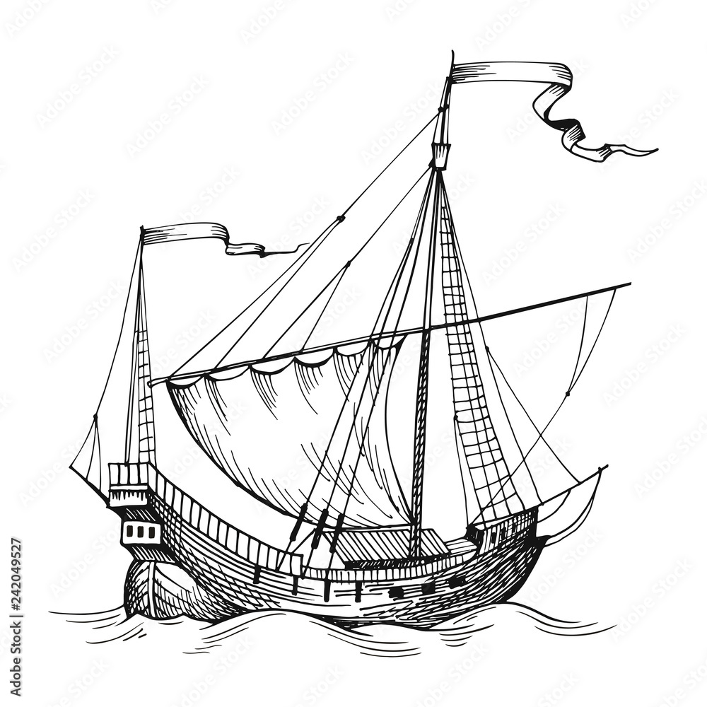 Old caravel, vintage sailboat. Hand drawn vector sketch.Detail of the ...