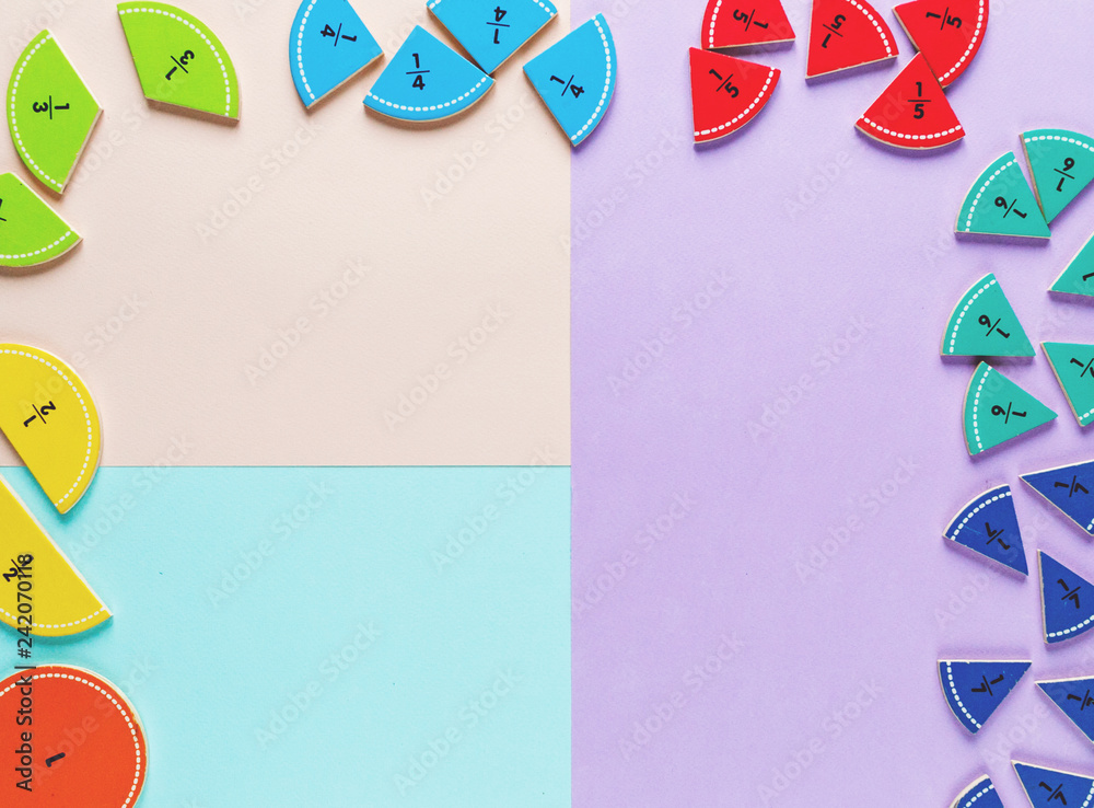 colorful math fractions on the bright backgrounds. interesting math for ...