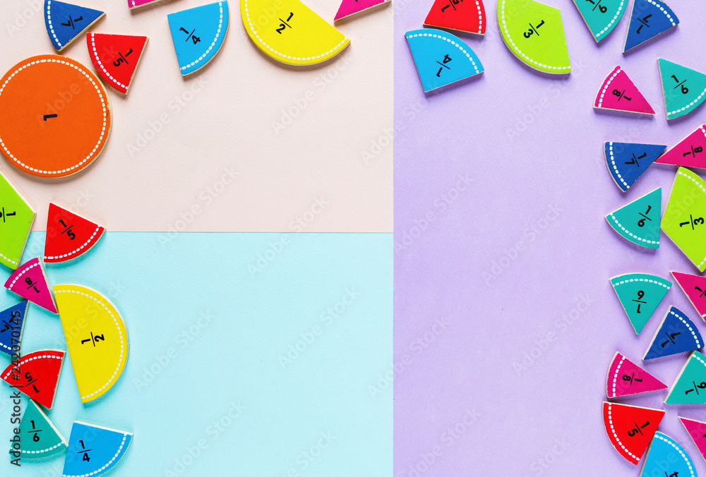 colorful math fractions on the bright backgrounds. interesting math for ...