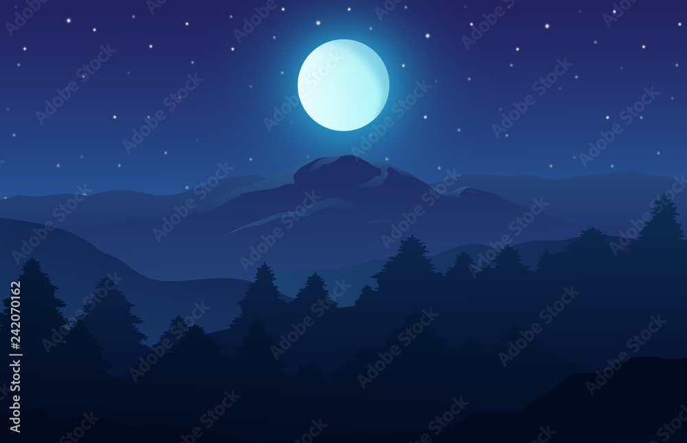 Vector illustration of night time nature landscape in the forest with a ...