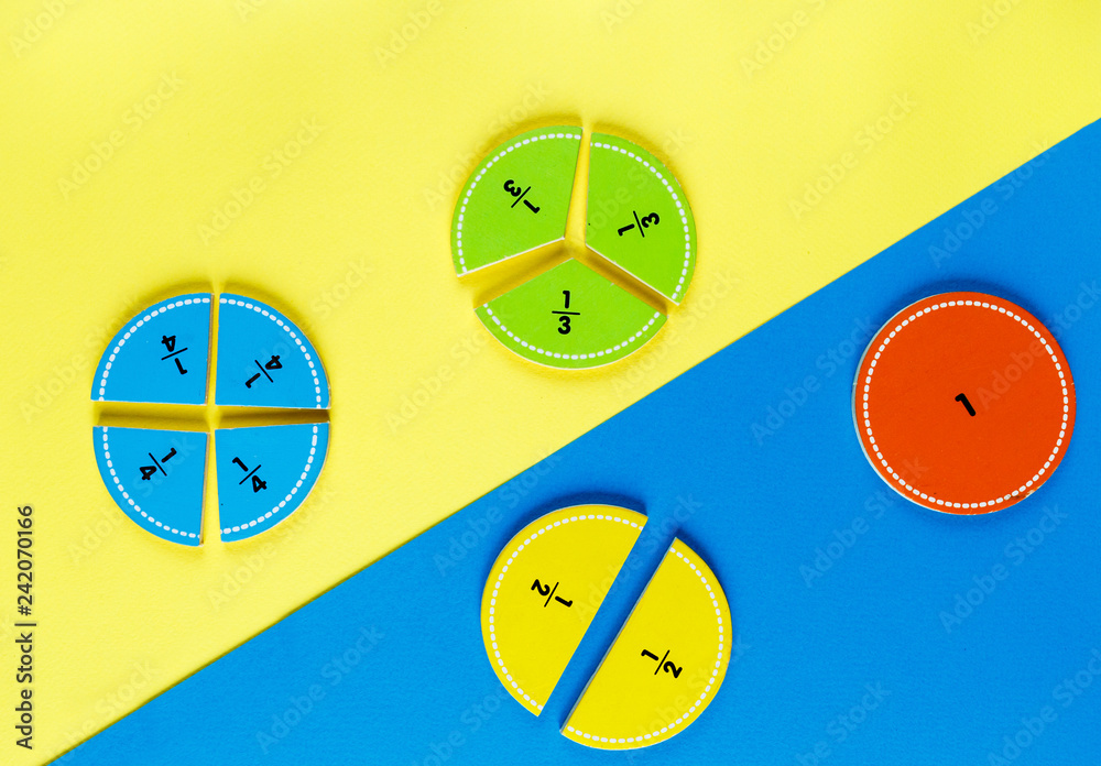 colorful math fractions on the bright backgrounds. interesting math for ...