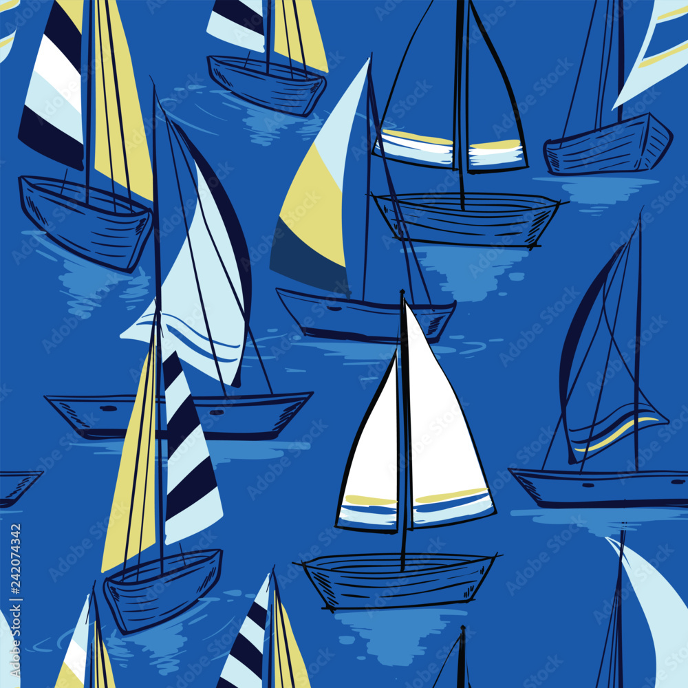 Beautiful Hand drawing sketch Seamless summer sea pattern with sailing ...