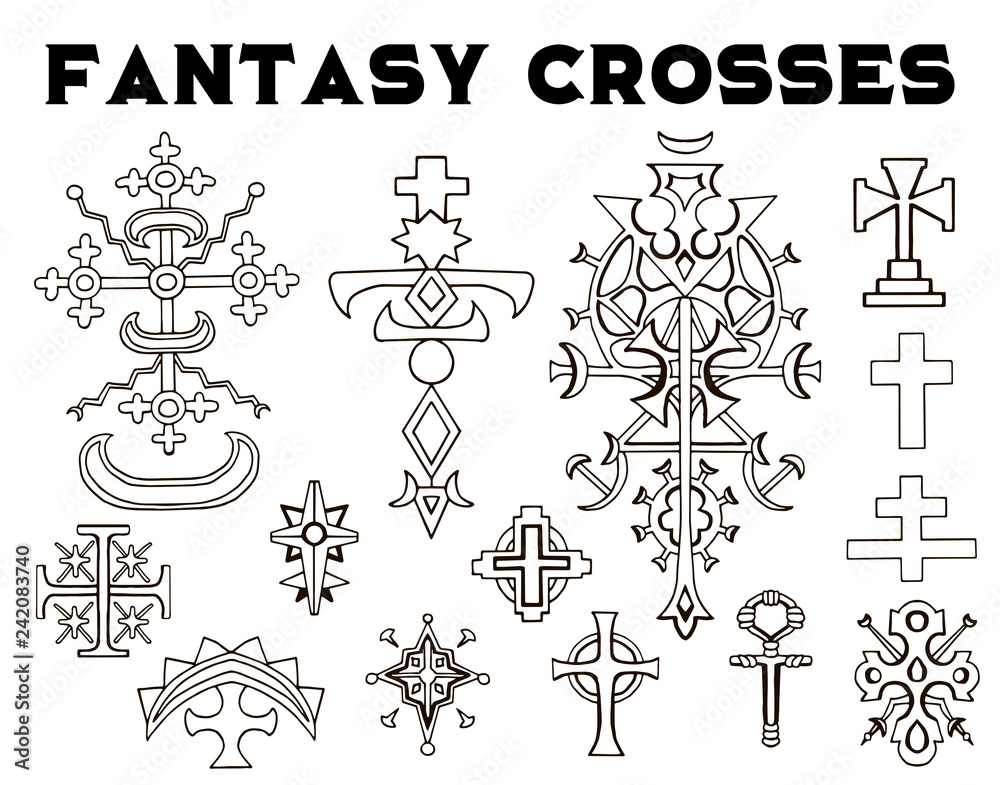 Design set with fantasy crosses isolated on white. Vintage vector ...