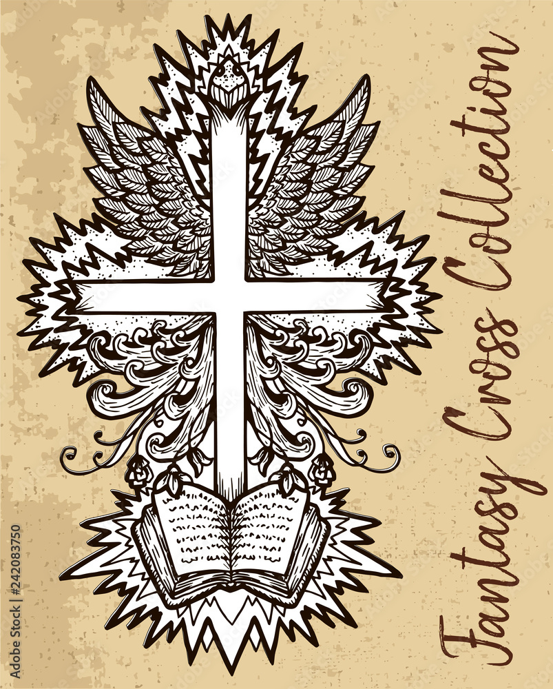 Fantasy cross with wings, flame and book on texture background. Vintage ...