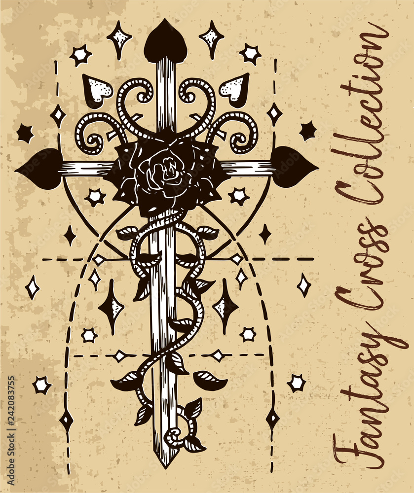 Fantasy cross with rose flower, sacred geometry pattern and stars ...