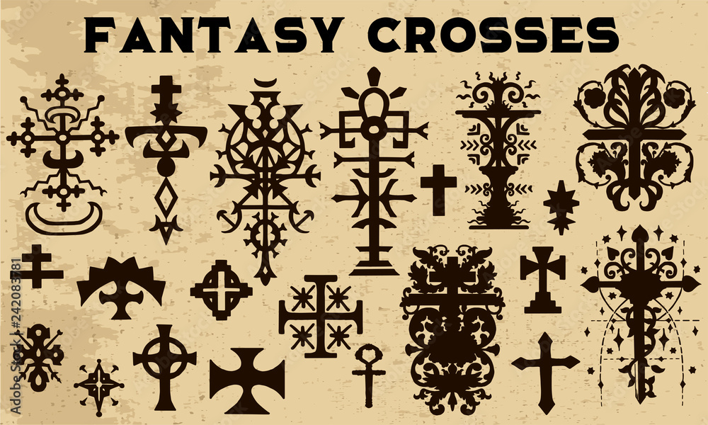 Design collection with black silhouettes of fantasy crosses. Vintage ...