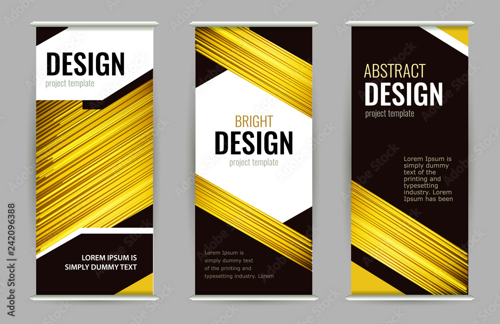 Bright Roll-up banner with golden lines on dark background. Set ...