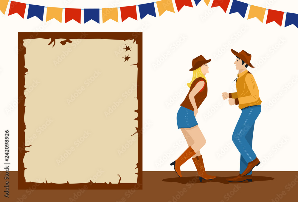 Cowboy and cowgirl dancing country western dance, Vector Illustration ...