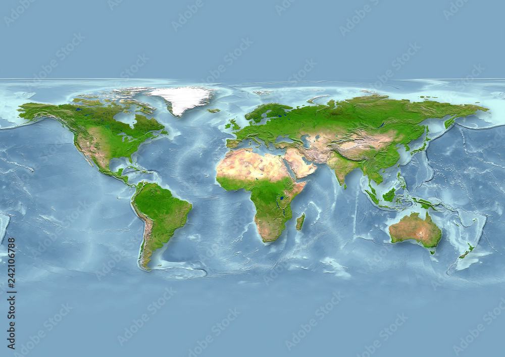 2D illustration of the map of the world in relief depiction with europe ...