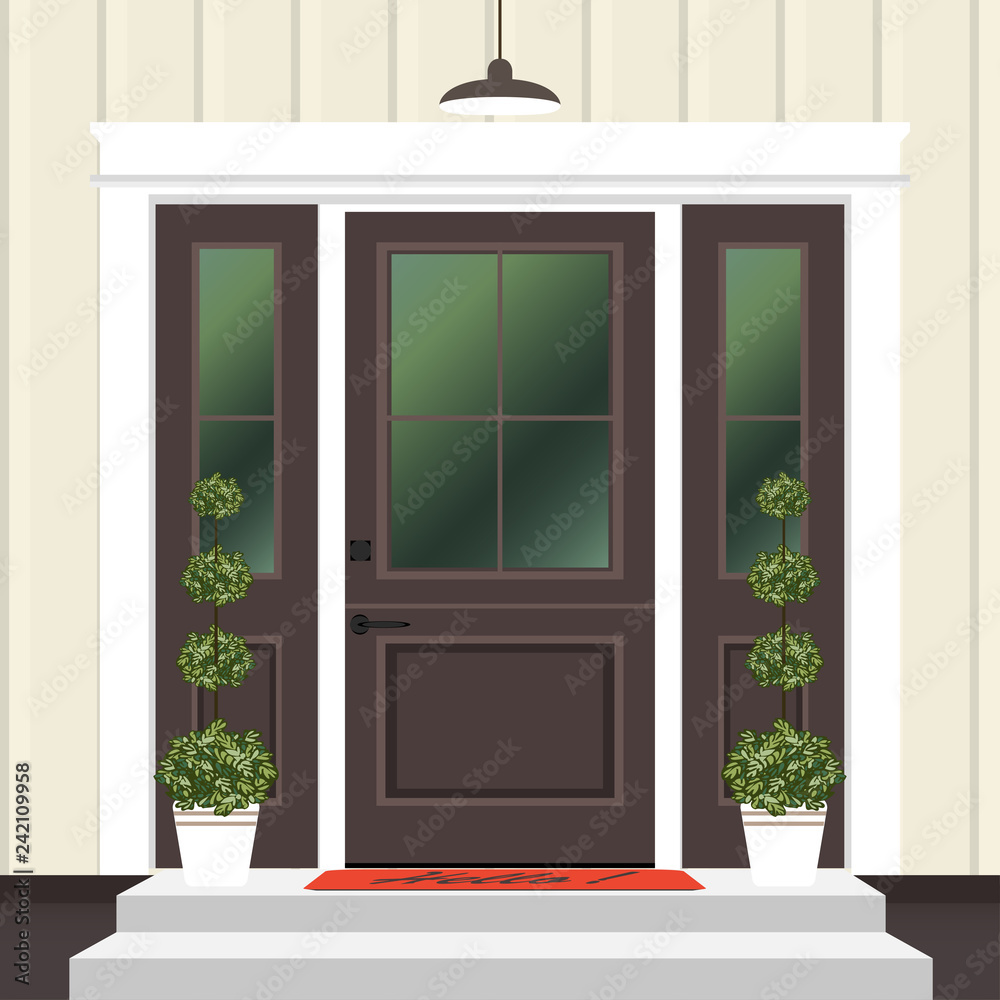 House door front with doorstep and mat, steps, window, lamp, flowers in ...