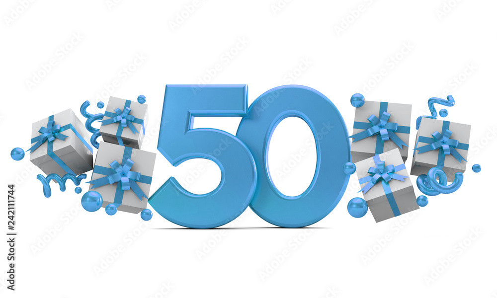 Number 50 blue birthday celebration number with gift boxes. 3D ...