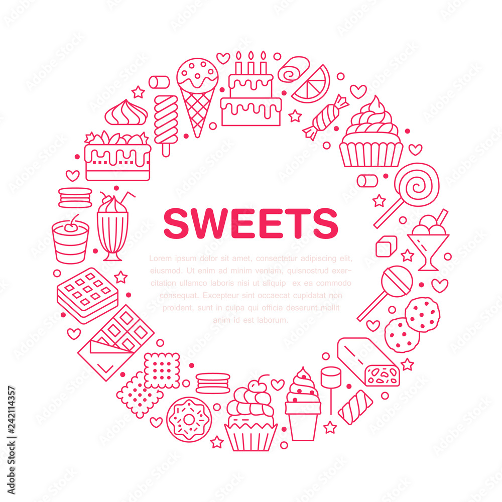 Sweet food round poster with flat line icons. Pastry vector ...