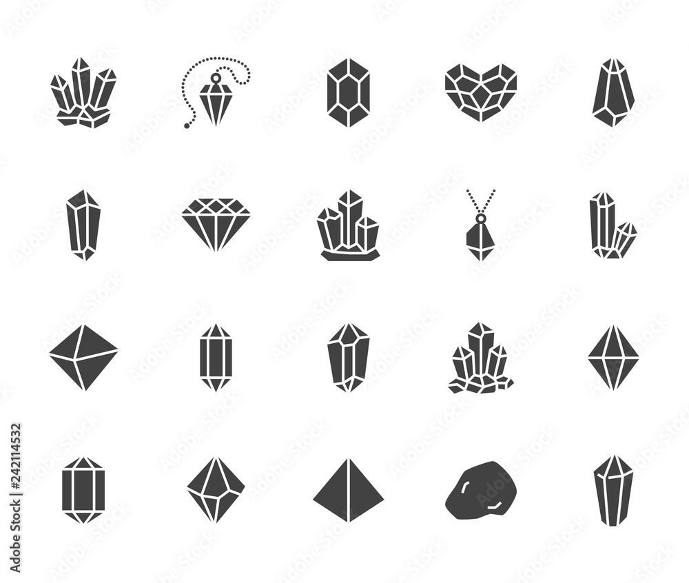 Crystals flat glyph icons set. Mineral rock, diamond shape, salt ...