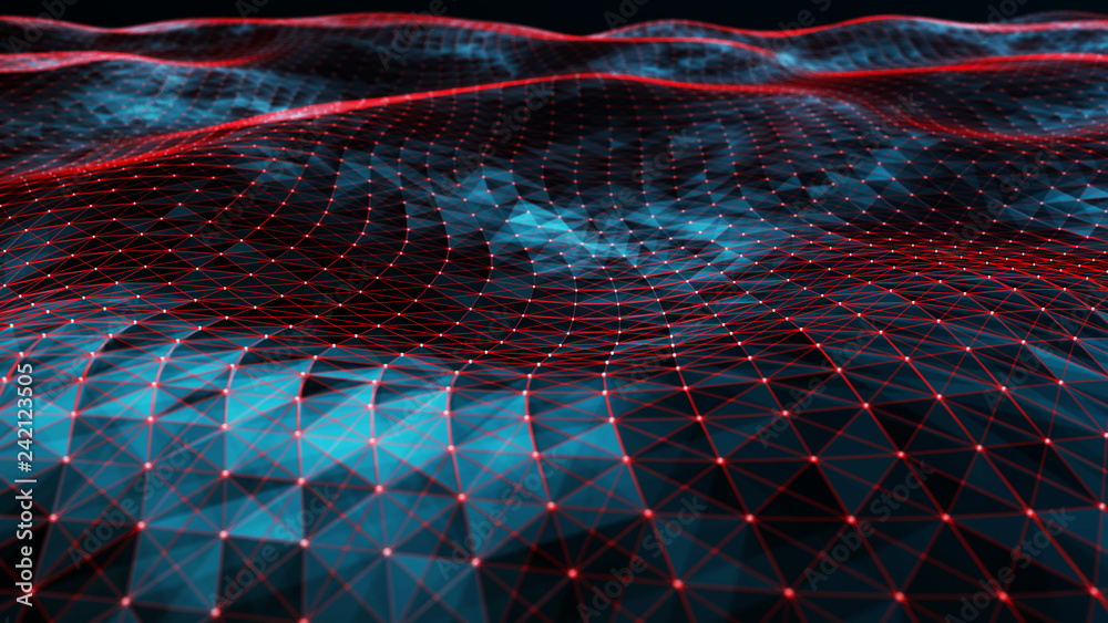 Digital data visualization. cybernetic particles. Low poly mesh. Flow ...