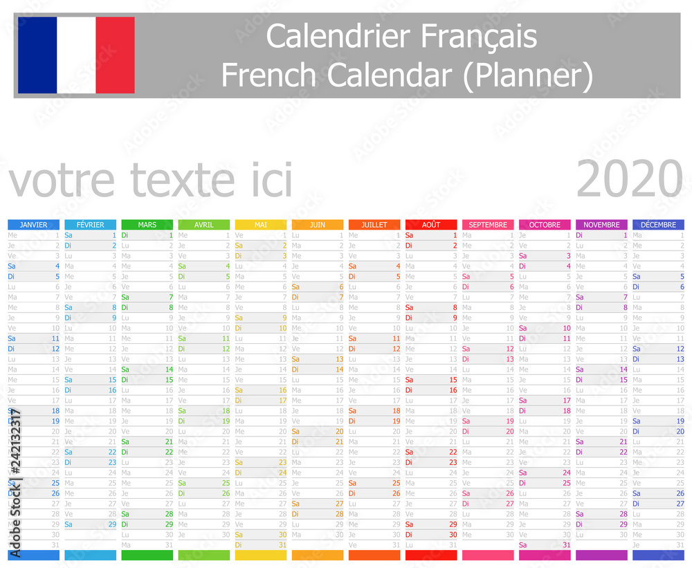 2020 French Planner Calendar with Vertical Months on white background ...