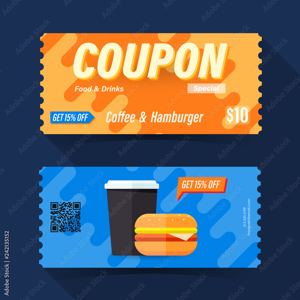 Food and drink coupon ticket card. Coffee and hamburger element ...