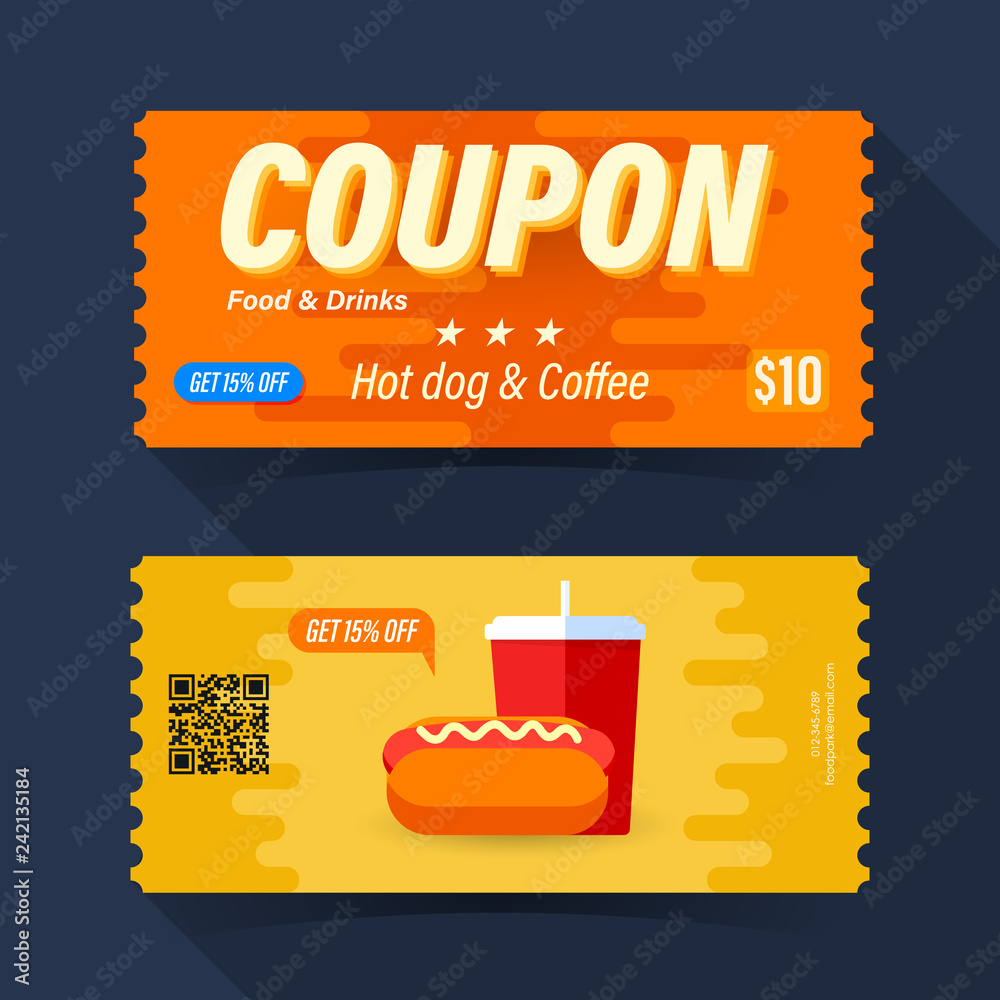Food and drink coupon ticket card. Hot dog and coffee element template ...