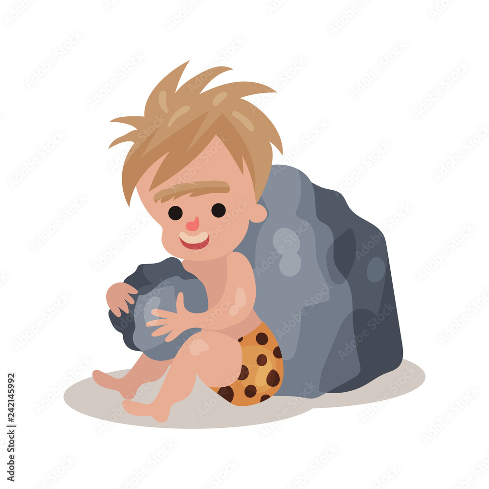 Stone age cave boy sitting and playing stones, colorful vector ...