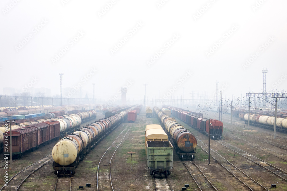 Multiple rail lines with trains in fog. Trainyard with modern and old ...