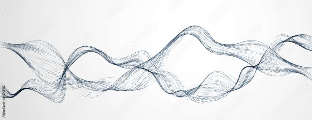 Dynamic particles mutual sound wave flowing. Double dotted curves ...
