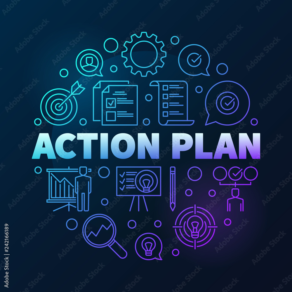 Vector Action Plan round colored outline illustration on dark ...